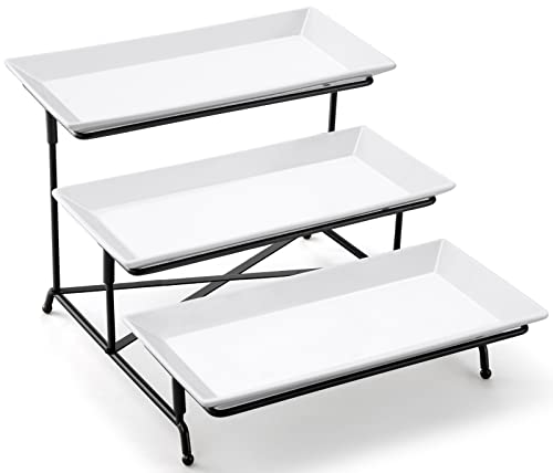 Yedio 3 Tier Serving Tray Set Porcelain Tiered Serving Trays Platters, Collapsible Sturdier Stand with Stable Cross Bars, 12 Inch Three Layer Serving for Party Entertaining Food Display Fruit Dessert