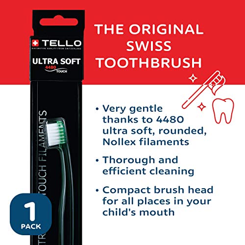TELLO 4480 Adult or Child Ultra Soft Swiss Toothbrush with Smaller Head for Gentle Cleaning with Ergonomic Handle, 1 Count