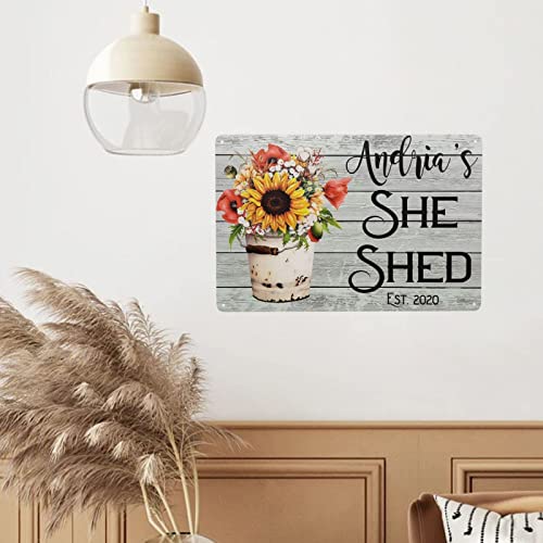 Personalized She Shed Metal Sign with Wood Look,Sun Flower Home Decor Wall Art Shed Accessories