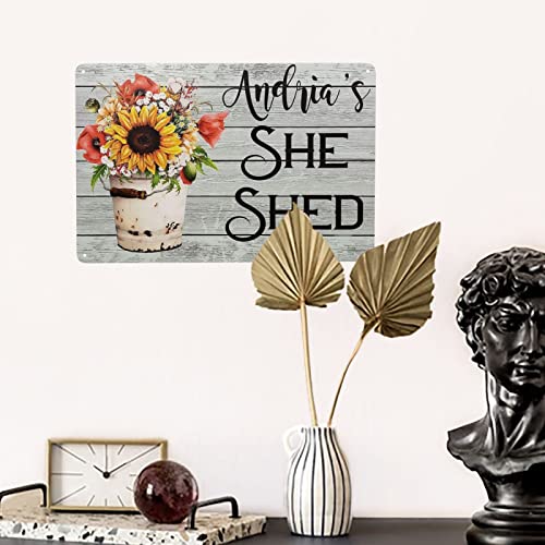 Personalized She Shed Metal Sign with Wood Look,Sun Flower Home Decor Wall Art Shed Accessories
