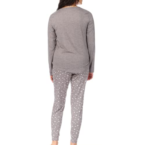 Rae Dunn Women's RISE & SHINE Long Sleeve Top and Drawstring Joggers Pajama Set, Gray Stars, Medium