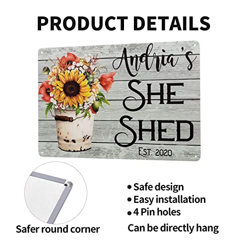 Personalized She Shed Metal Sign with Wood Look,Sun Flower Home Decor Wall Art Shed Accessories