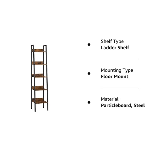 VASAGLE Bookshelf, 5-Tier Narrow Book Shelf, Ladder Shelf for Home Office, Living Room, Bedroom, Kitchen, Rustic Brown and Black ULLS109B01