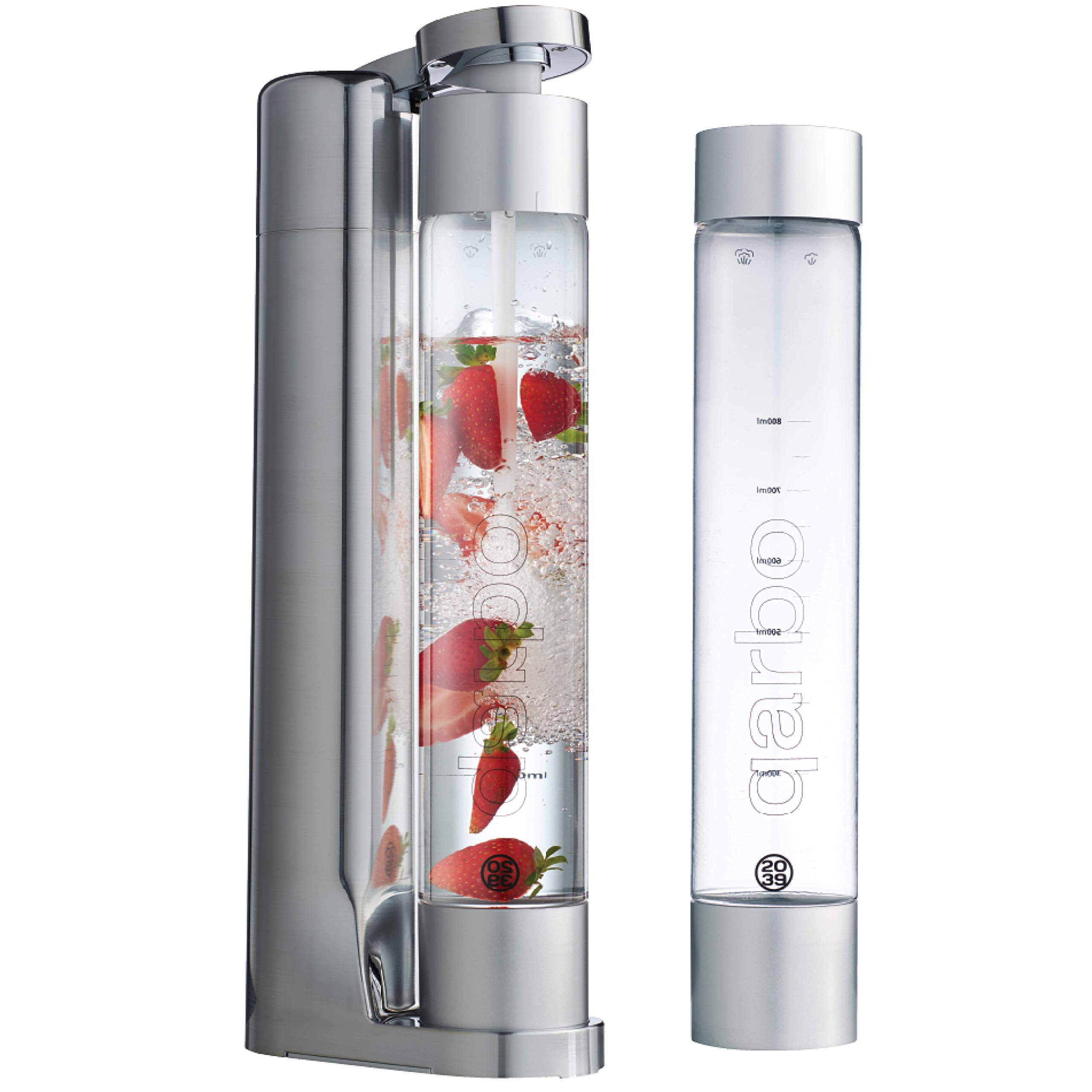 qarbo sparkling water maker Bundle with 4 bottles, 3 aircharge caps and cleaning brush (Chrome)