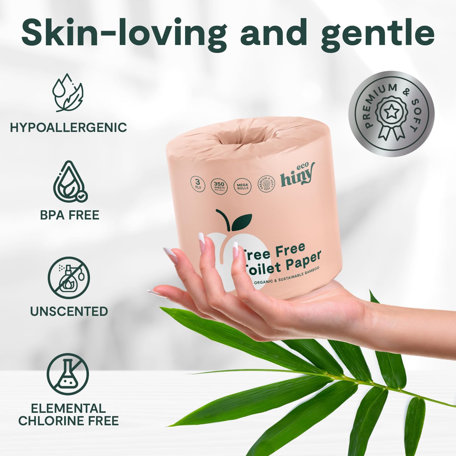 ecoHiny Premium & Soft Bamboo Toilet Paper | 12 Mega Rolls, 3 ply, 350 Sheets | FSC Certified, PFAS & BPA Free, Septic Safe | Tree Free & Plastic Free