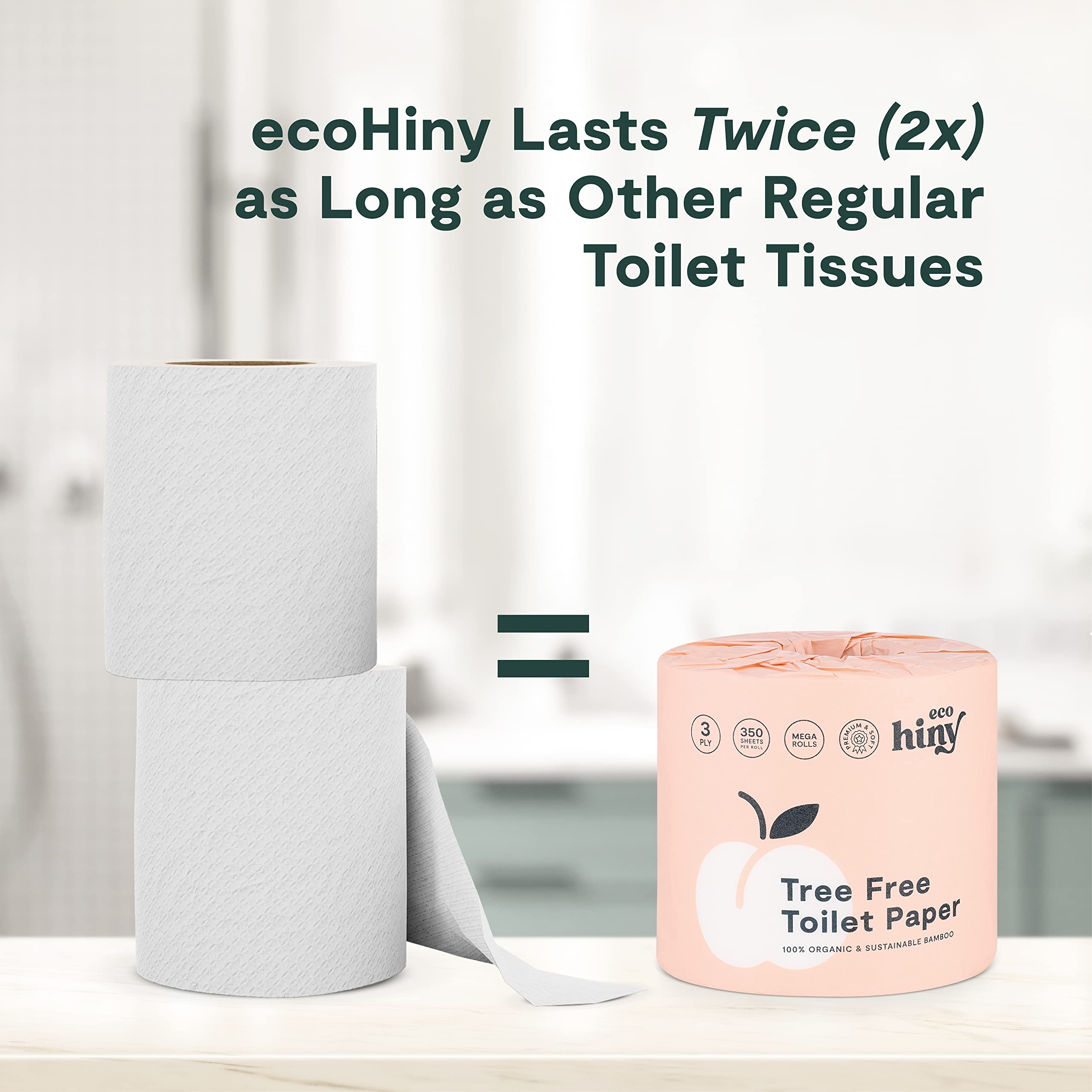 ecoHiny Premium & Soft Bamboo Toilet Paper | 12 Mega Rolls, 3 ply, 350 Sheets | FSC Certified, PFAS & BPA Free, Septic Safe | Tree Free & Plastic Free