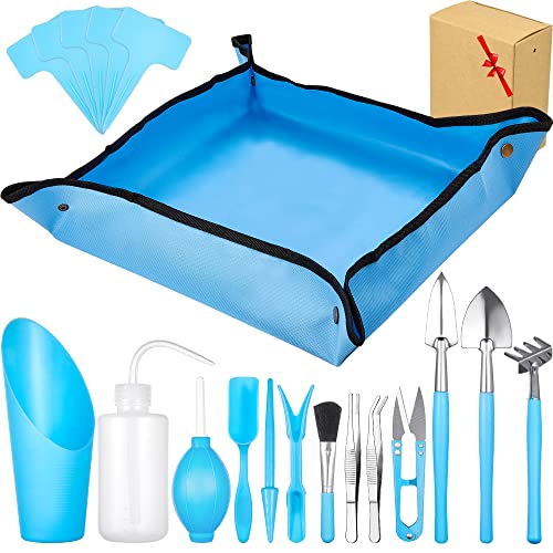Succulent Tools,19 Pcs Mini Garden Tools Set,Transplanting Tools Miniature Succulent Hand Tools Set with Plant Potting Tarp Mat, Succulent Kit for Indoor Outdoor Miniature Fairy Garden Plant Care