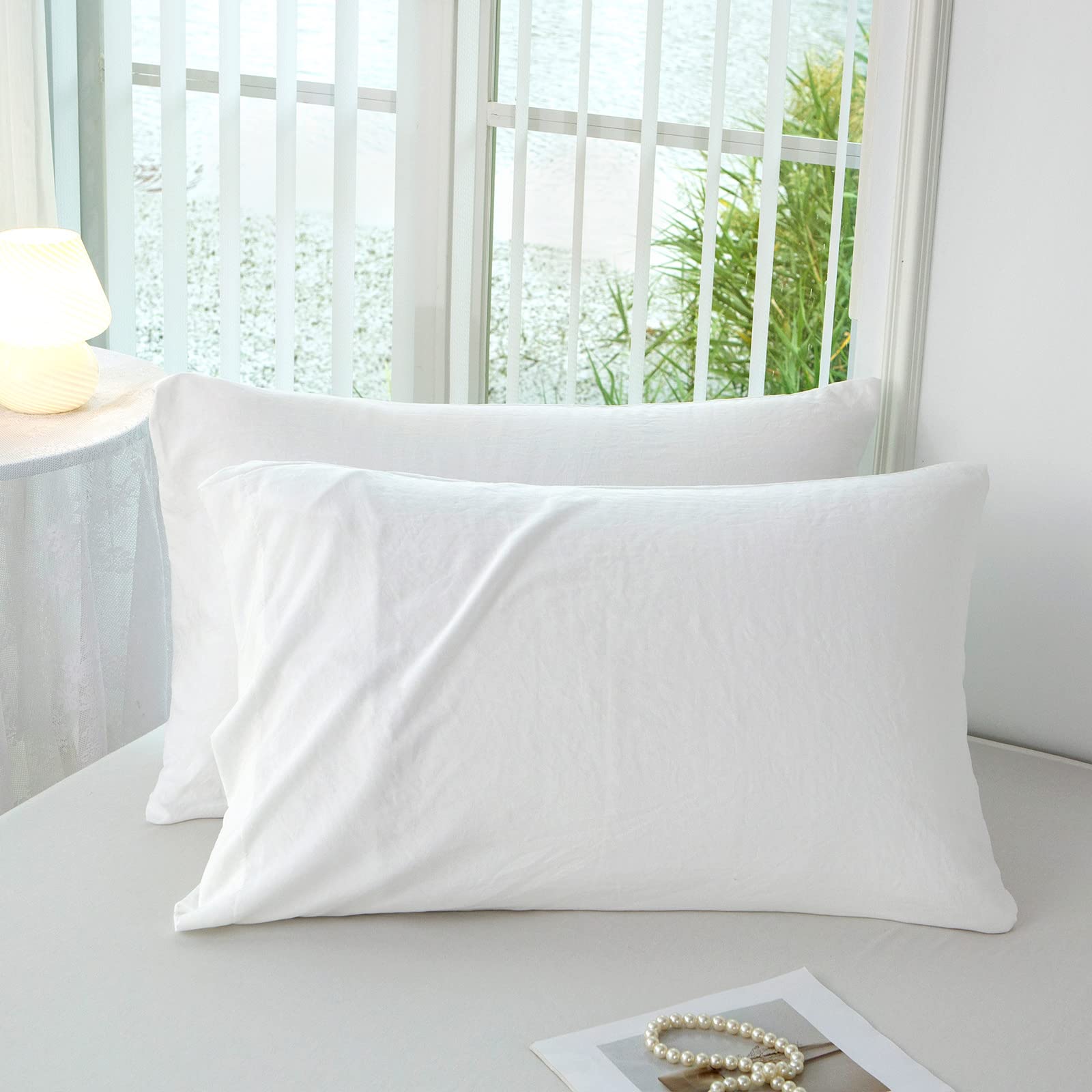 MILDLY Queen Pillowcases White - 100% Washed Microfiber Super Soft and Cozy Pillow Cases Set of 2 with Envelope Closure 20x30 Inches