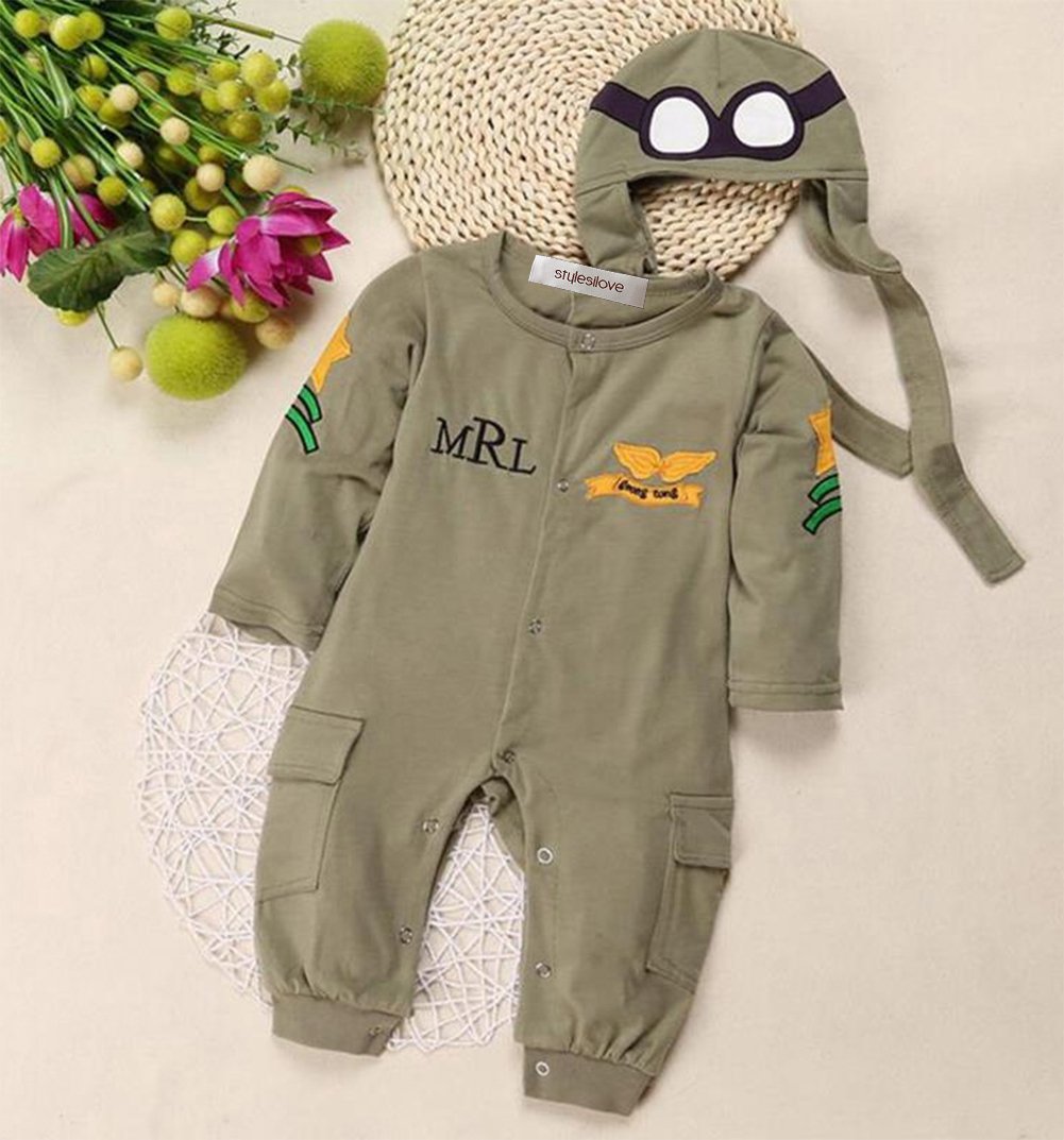 stylesilove Newborn Infant Toddler Baby Boy Army Air Force Baby Jumpsuit Romper and Hat 2-pc Cotton Outfit (70/3-6 Months)