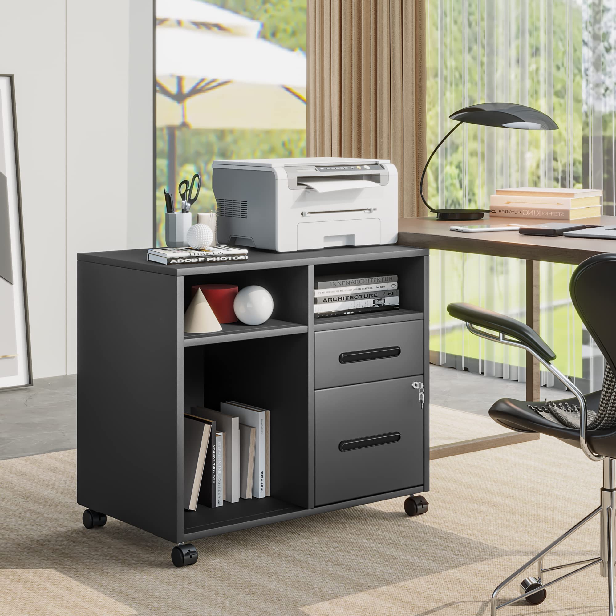YITAHOME 2-Drawer Filing Cabinet, Office Metal Stainless Steel Mobile Lateral Filing Cabinet On Wheels, Printer Stand with Open Storage Shelves for Home Office