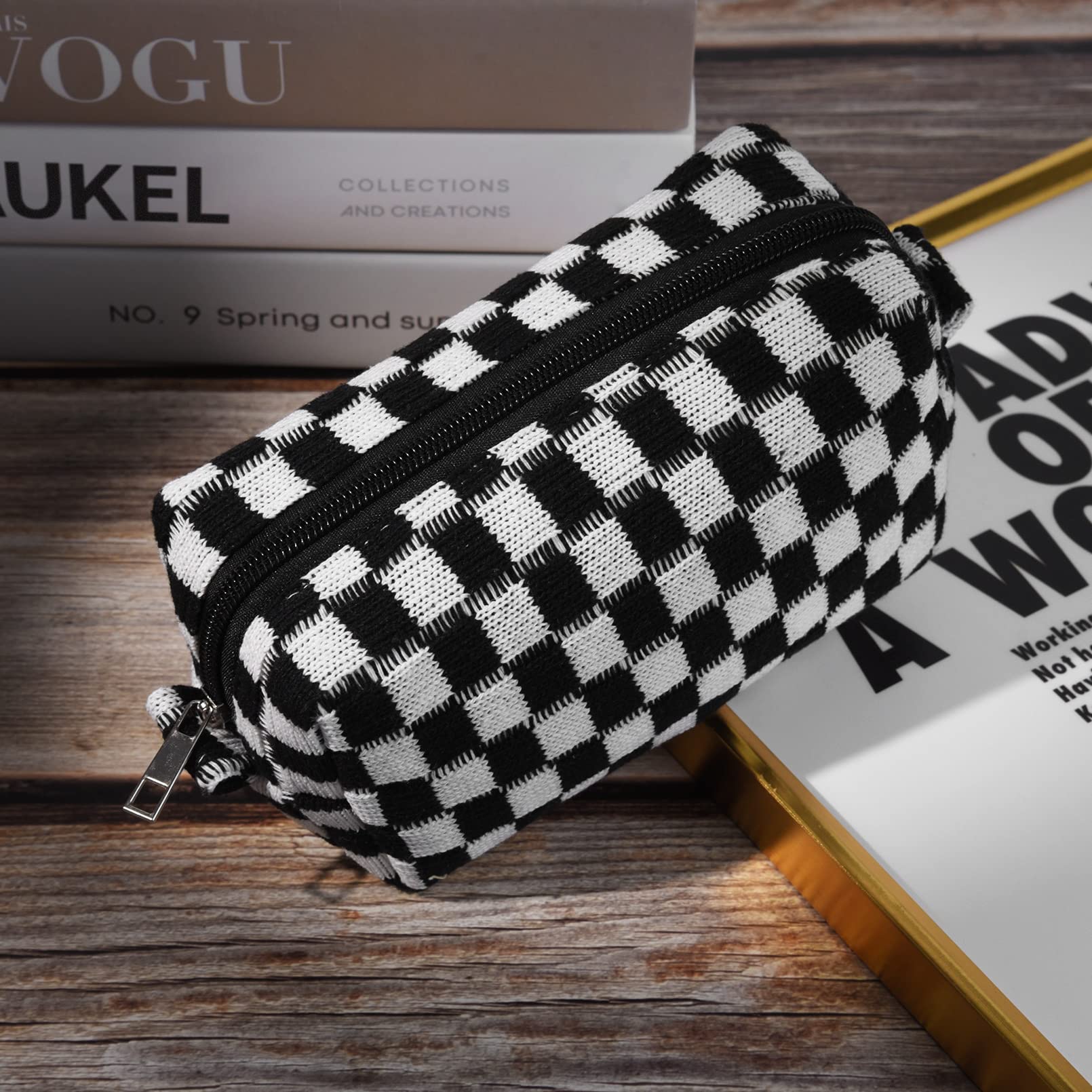 SOIDRAM 2 Pieces Checkered Cosmetic Travel Bags - Cute Makeup Pouch Organizers With Brush Storage for Women