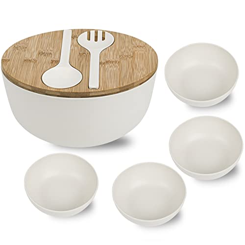 LOVYANXUE Bamboo Salad Bowl with Lid, 9.8Inches Large Salad Bowl with Lid Spoon Fork, Salad Mixing Bowls and 4 Small Bowls, Salad Serving Bowl Set for Salad, Fruits, Vegetables