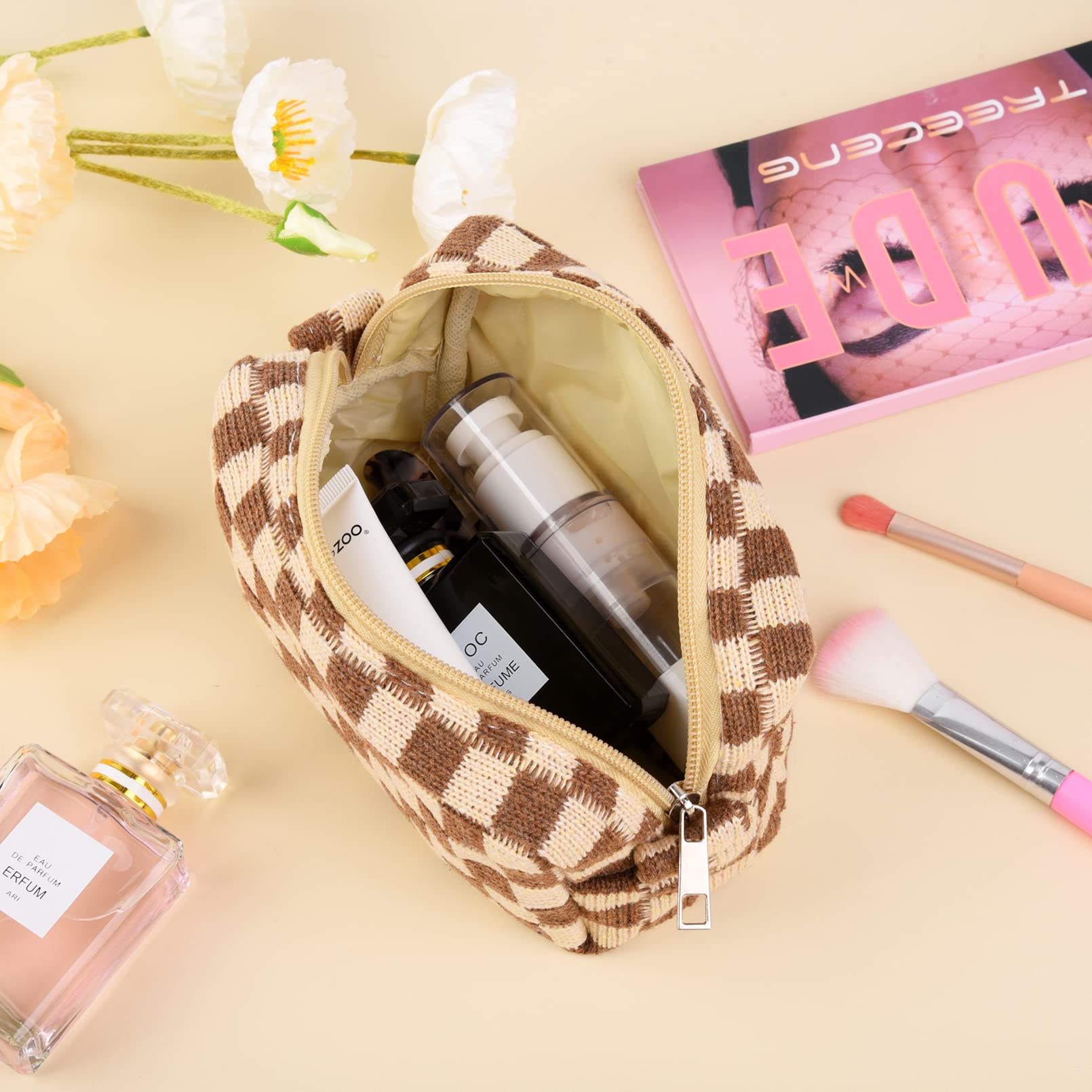 SOIDRAM 2 Pieces Checkered Cosmetic Travel Bags - Cute Makeup Pouch Organizers With Brush Storage for Women