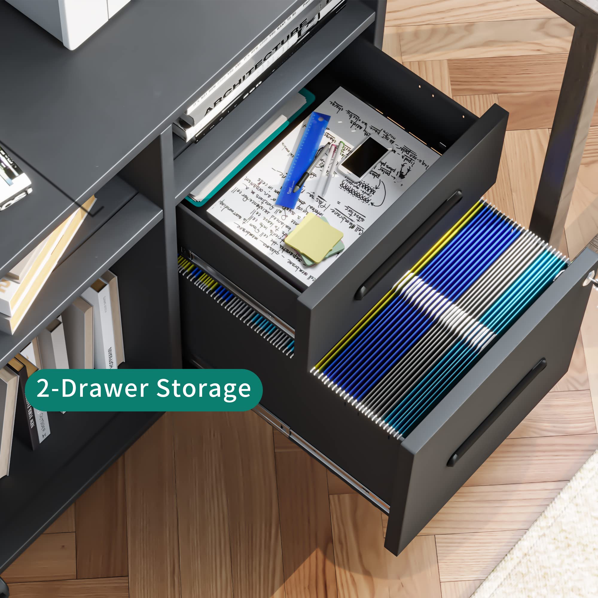 YITAHOME 2-Drawer Filing Cabinet, Office Metal Stainless Steel Mobile Lateral Filing Cabinet On Wheels, Printer Stand with Open Storage Shelves for Home Office