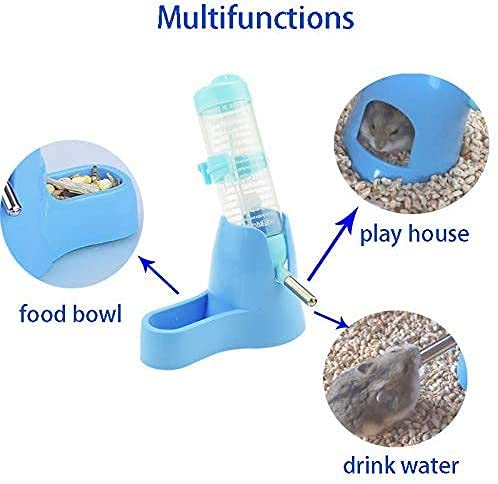 125ML Blue-3 in 1 Hamster Suspended Water Bottle Small Pet Automatic Dispenser, with Food Bowl Base for Dwarf Hamster Mouse Hedgehog