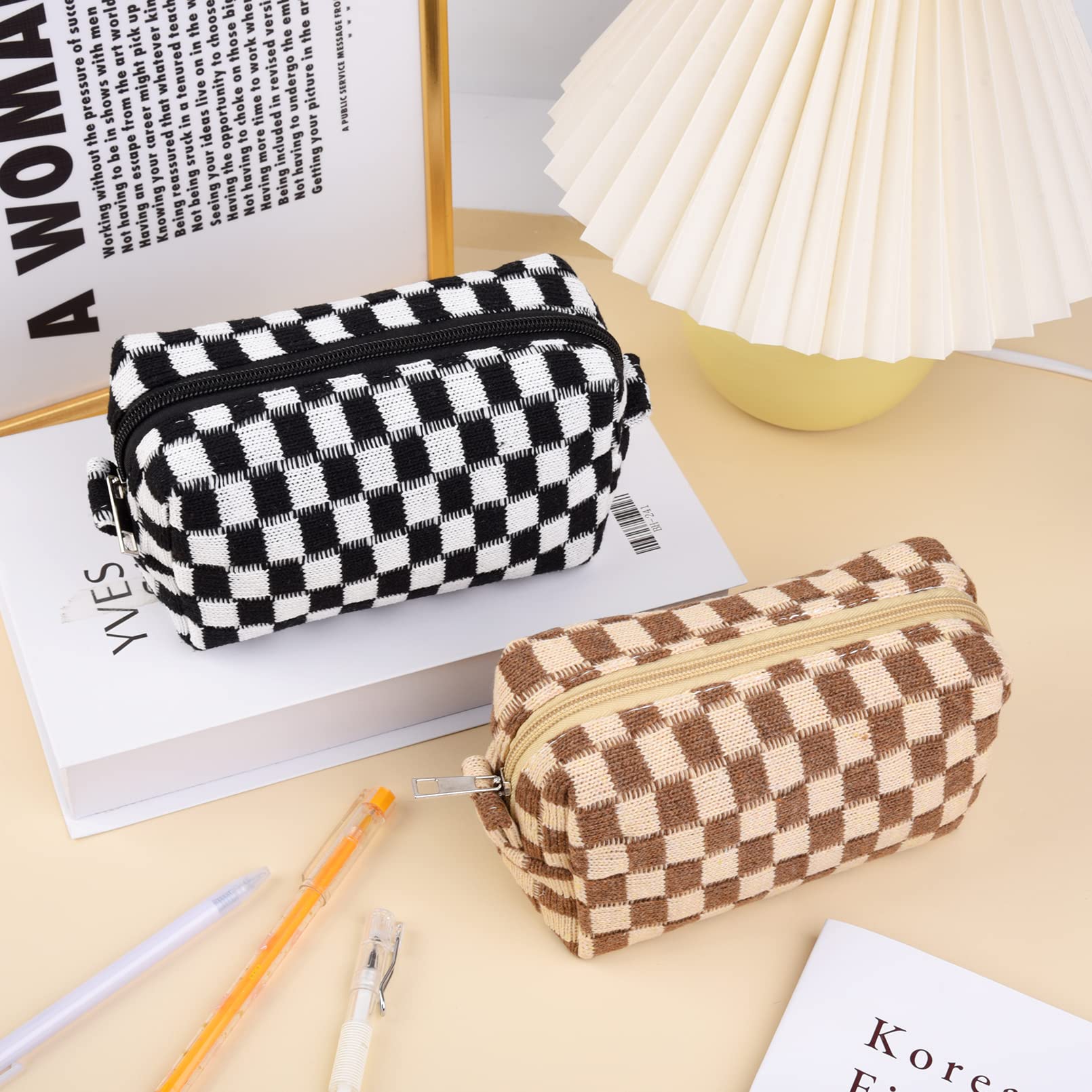 SOIDRAM 2 Pieces Checkered Cosmetic Travel Bags - Cute Makeup Pouch Organizers With Brush Storage for Women