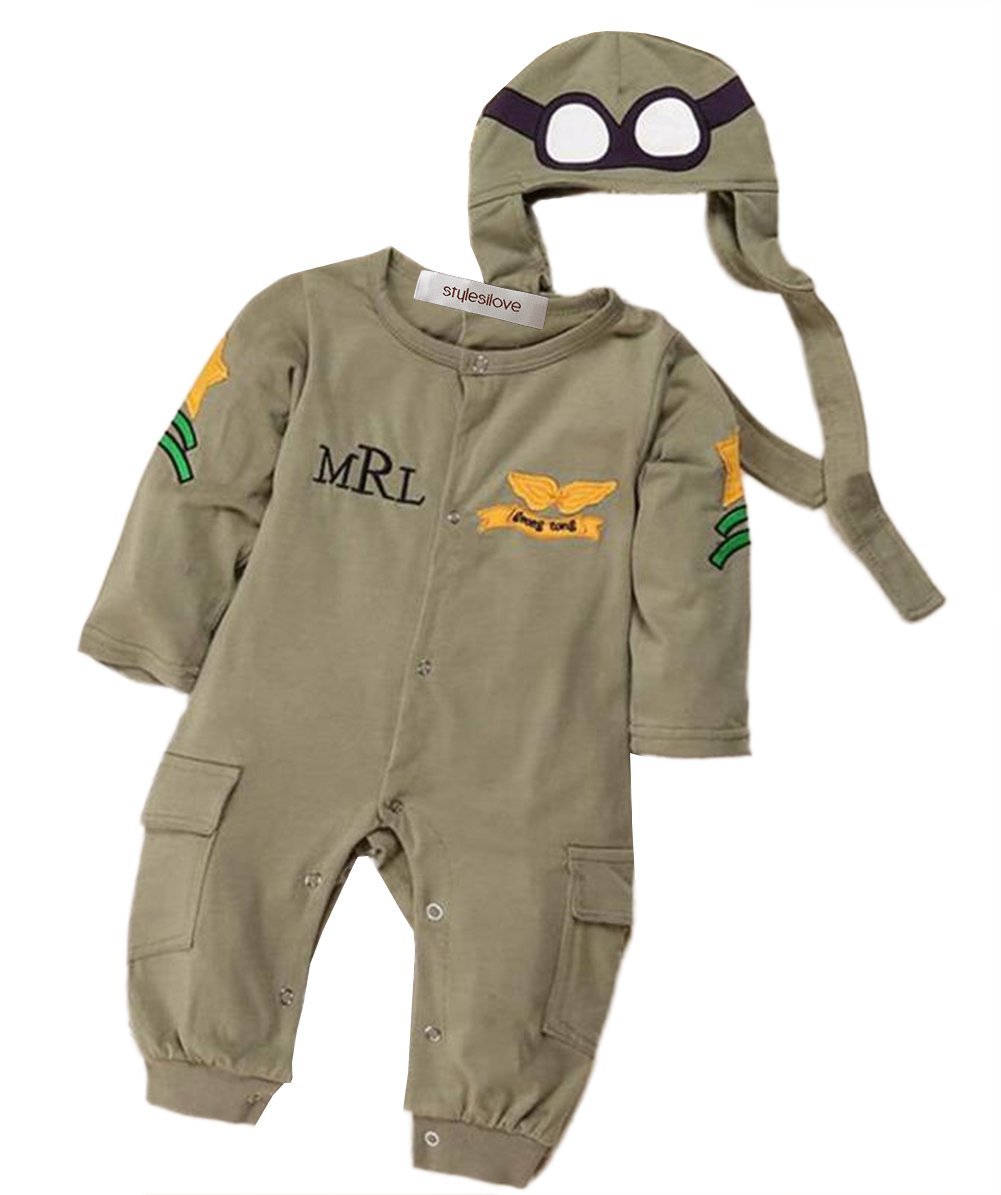 stylesilove Newborn Infant Toddler Baby Boy Army Air Force Baby Jumpsuit Romper and Hat 2-pc Cotton Outfit (70/3-6 Months)
