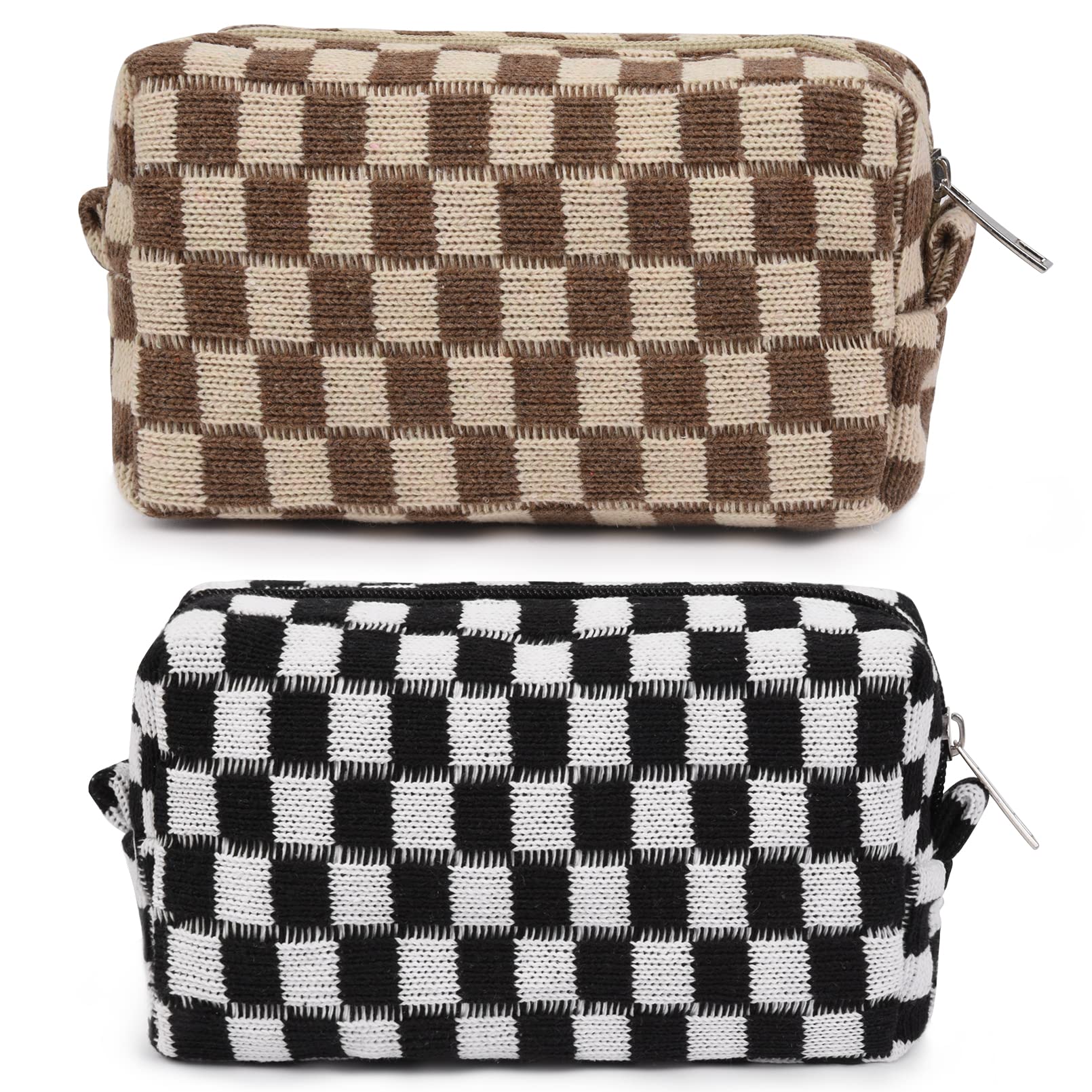 SOIDRAM 2 Pieces Checkered Cosmetic Travel Bags - Cute Makeup Pouch Organizers With Brush Storage for Women