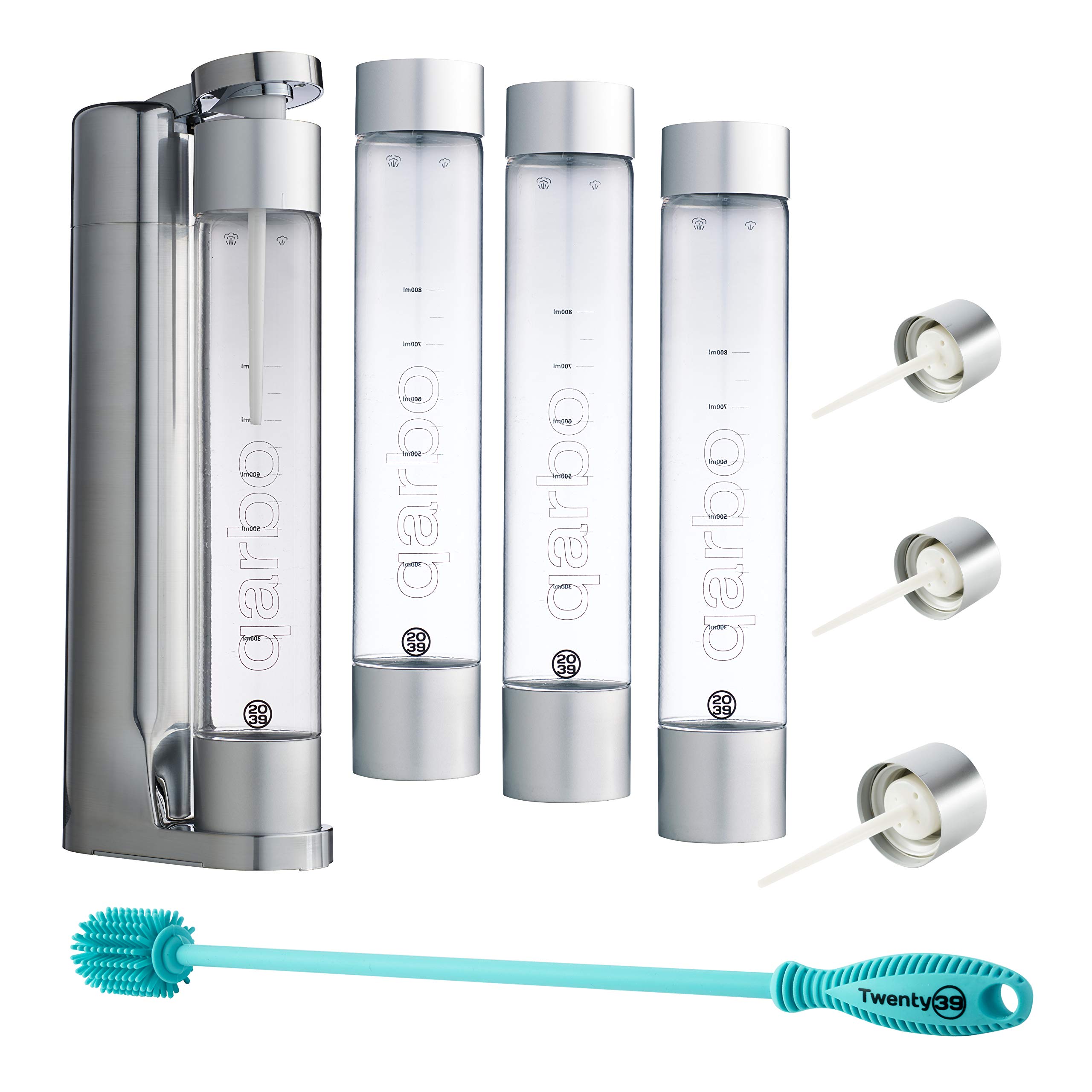 qarbo sparkling water maker Bundle with 4 bottles, 3 aircharge caps and cleaning brush (Chrome)