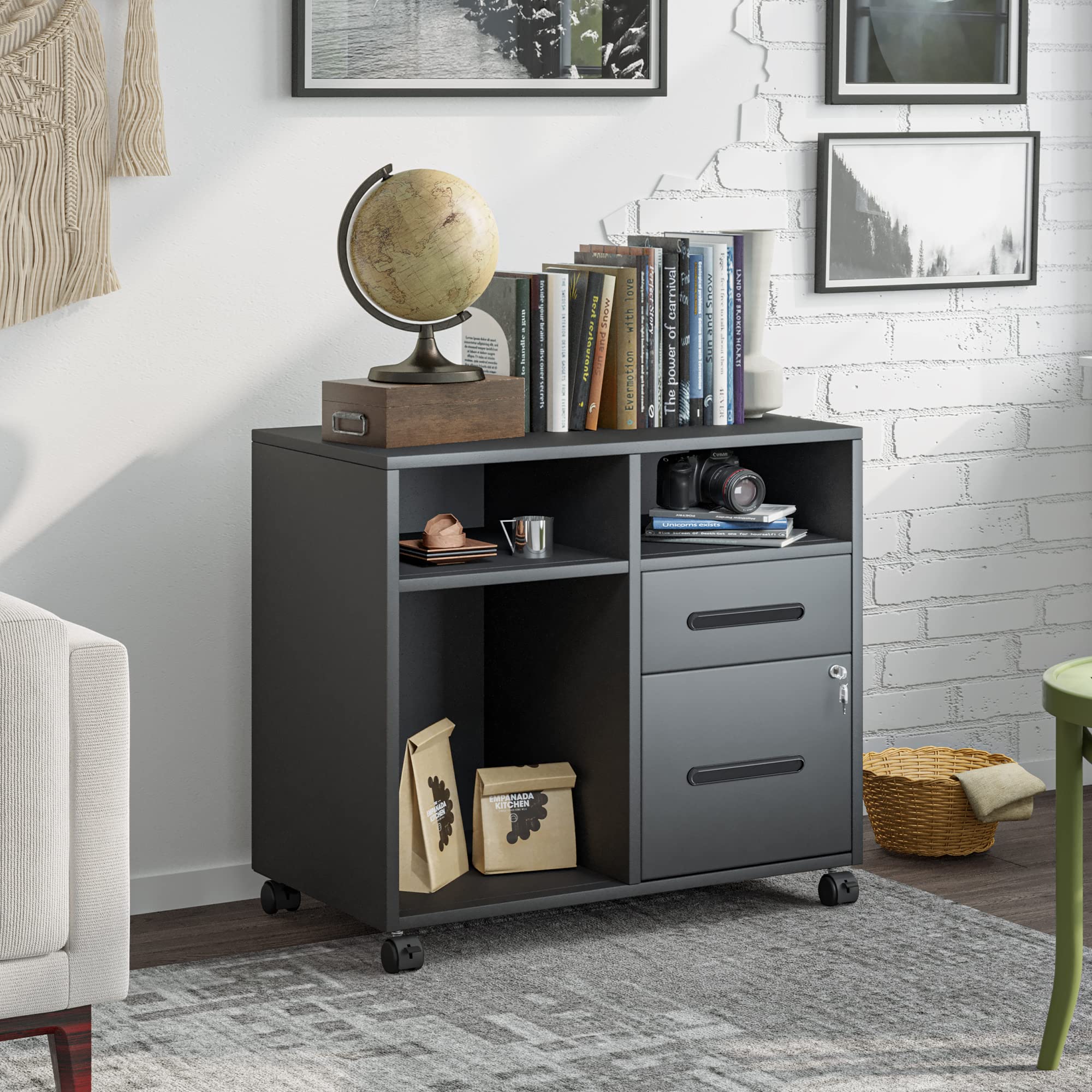 YITAHOME 2-Drawer Filing Cabinet, Office Metal Stainless Steel Mobile Lateral Filing Cabinet On Wheels, Printer Stand with Open Storage Shelves for Home Office