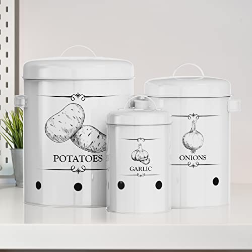 Houseables Potato Storage, Onion Bin, Garlic Container, 6"x4", 10"x9", 9"x6", Set of 3, Metal, White, Vegetable Keeper, Potatoes Basket, Kitchen Pantry Canister, Countertop Veggie Holder, Rustic