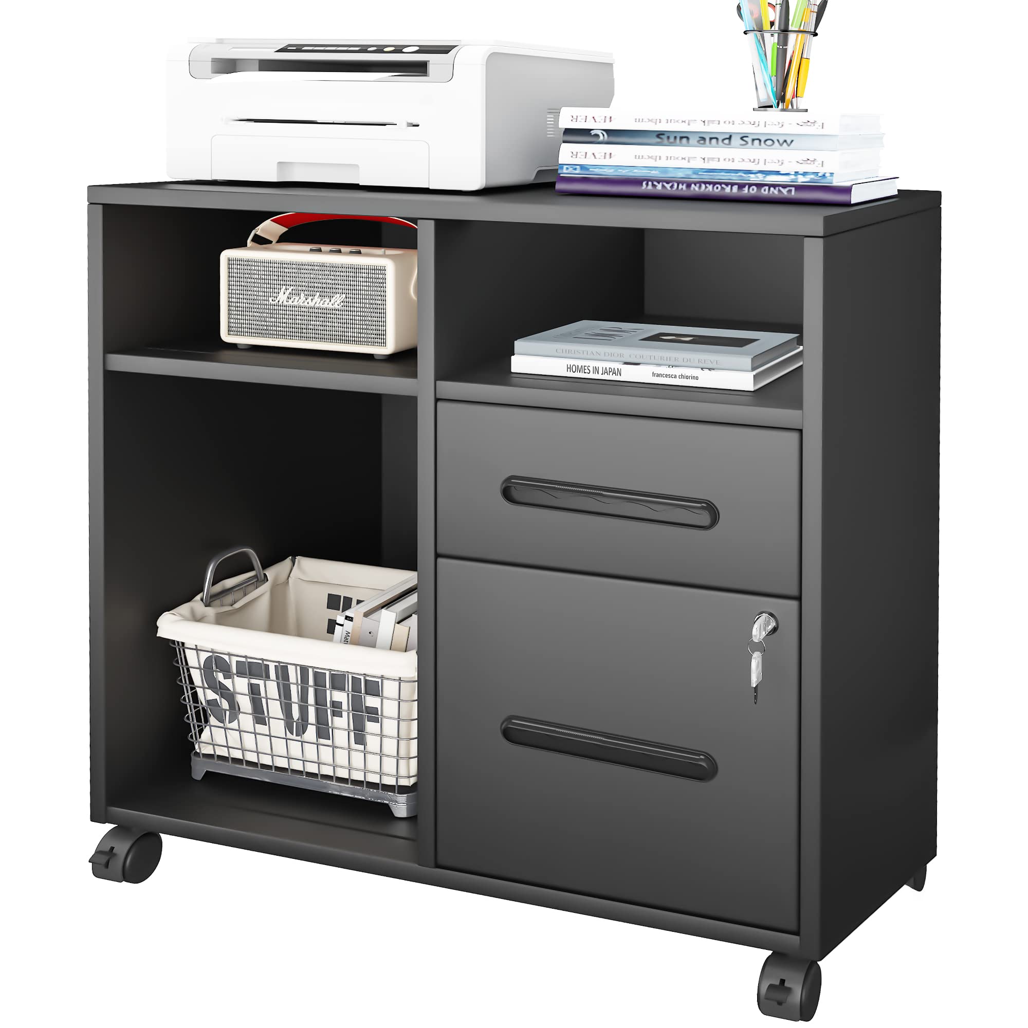 YITAHOME 2-Drawer Filing Cabinet, Office Metal Stainless Steel Mobile Lateral Filing Cabinet On Wheels, Printer Stand with Open Storage Shelves for Home Office