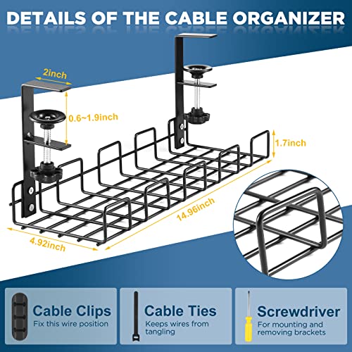 Effortless Cable Management Under Desk - No Drill Cord Organizer Tray for Home and Office PCs - Desk Cable Management Rack with No Damage to Desk (2packs)