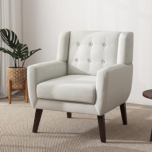 UIXE Comfy Arm Accent Chairs for Bedroom, Mid Century Modern Armchair Living Room Sofa Chair with Wooden Legs, Linen Fabric Button Tufted Upholstered Reading Chair for Home Office (Beige)