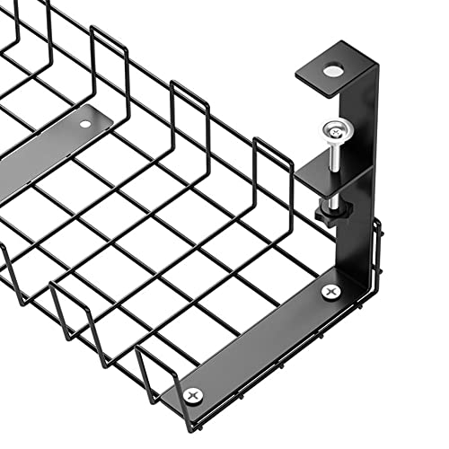 Cable Management Under Desk Tray, 15.35'' No Drill Iron Desk Wire Organizers, Wire Management Tray Cable Management Rack, Desk Cable Tray Desk Cord Organizer with Clamp Mount System and Screws