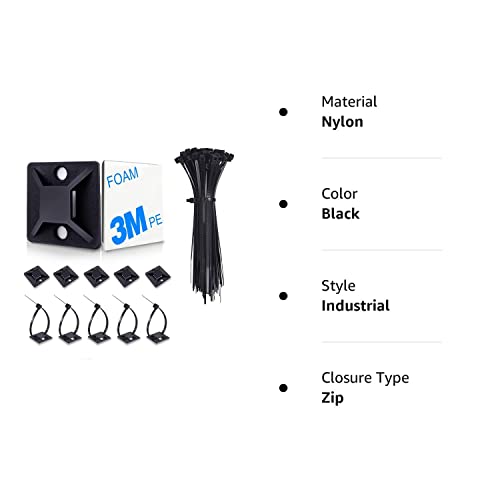 4/5" 100 Pack Zip Tie Mount With Cable Ties,Self Adhesive-backed Mounts For Wire Holder , Black Cable Management Clips Wall Anchors