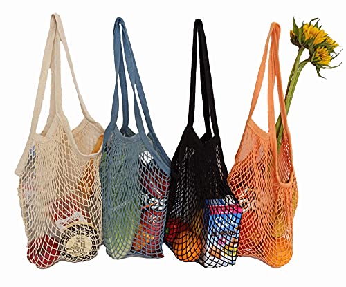 Reusable Long Handle Grocery Bags, Fruit and Vegetable Shoulder Bag, Washable Cotton Mesh String Organizer Shopping Handbags