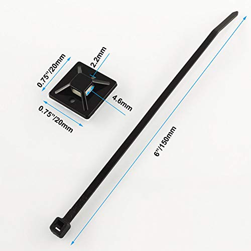 Strong Self Adhesive Wire Clips Cable Zip Tie Mounts 3/4" with 6 Inch Zipties Black UV Protection Outdoor 100 Pcs,Sticky Wire Fasteners Cable Guide Management Mounting Suqare Holder Anchor Base Small