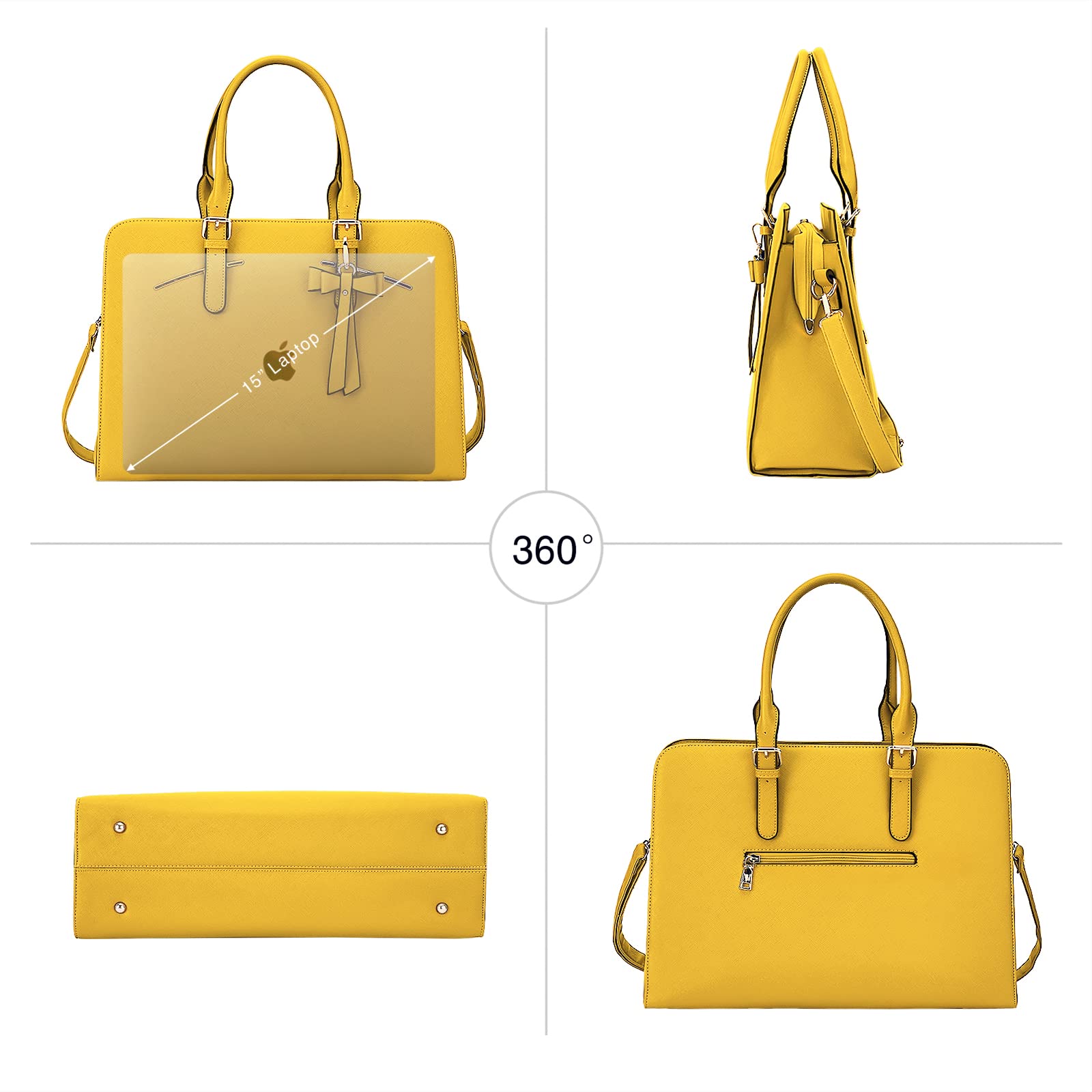 TOPDesign Laptop Bag for Women, Waterproof PU Leather Work Briefcase fits 15.6 Inch Computer, Large Tote Messenger Shoulder Bag, Stylish Business Purse Handbag Satchel (Yellow)