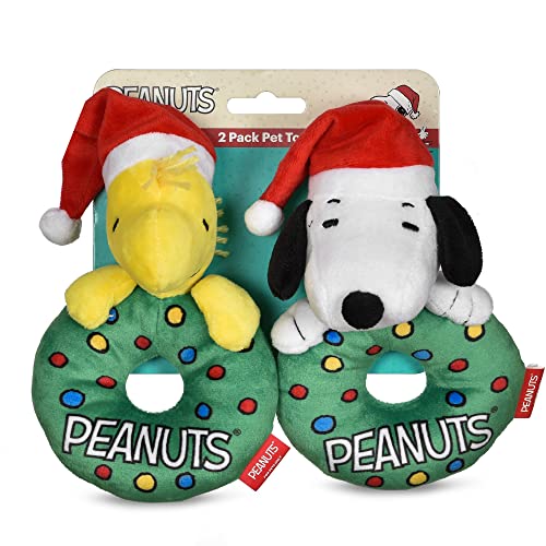Peanuts for Pets Holiday Snoopy & Woodstock Wreath Plush Ring Pet Toy 2 Pack Dog Toy Set | Medium Squeaky Dog Toys, Cute & Soft Stuffed Dog Toys Officially Licensed from Comic Strip, 6"