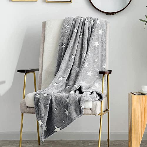 Glow in The Dark Blanket 50" x 60" Throw Blanket Gifts for Kids Boys Soft Plush Microfiber Flannel Blanket for Kids and Adults (Grey - Star, 50"×60")