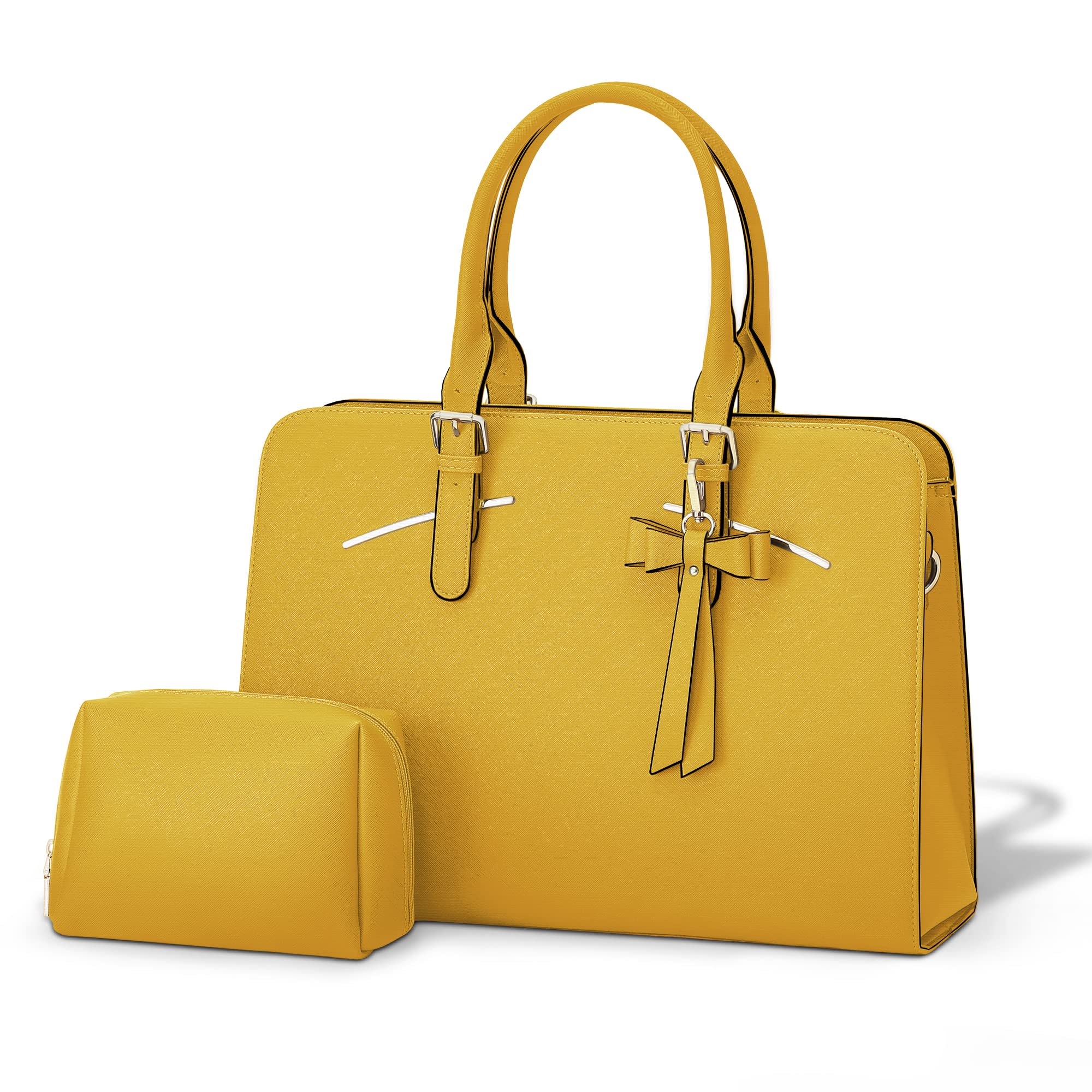 TOPDesign Laptop Bag for Women, Waterproof PU Leather Work Briefcase fits 15.6 Inch Computer, Large Tote Messenger Shoulder Bag, Stylish Business Purse Handbag Satchel (Yellow)
