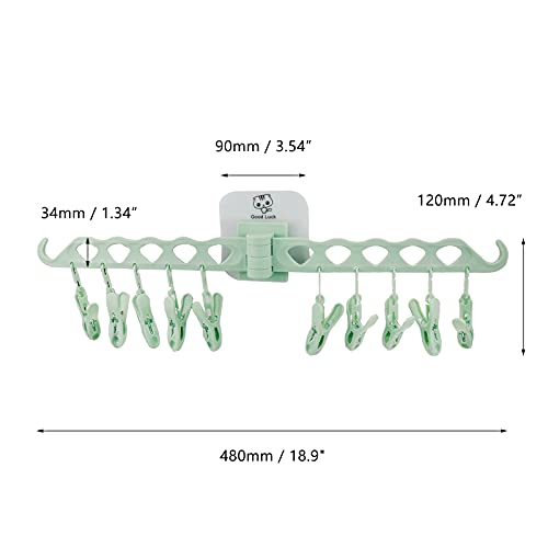Sscon 2Packs Foldable Laundry Hanger Drying Rack, Self-Adhesive Plastic Clothespin Rack with 20 Clips(Light Green)