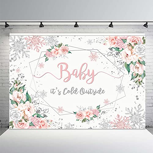 MEHOFOND Baby It's Cold Outside Backdrop Sliver Snowflake Girl Baby Shower Party Decorations Winter Wonderland Photography Background Snowfall Banner Blush Pink Floral Studio Props 7x5ft