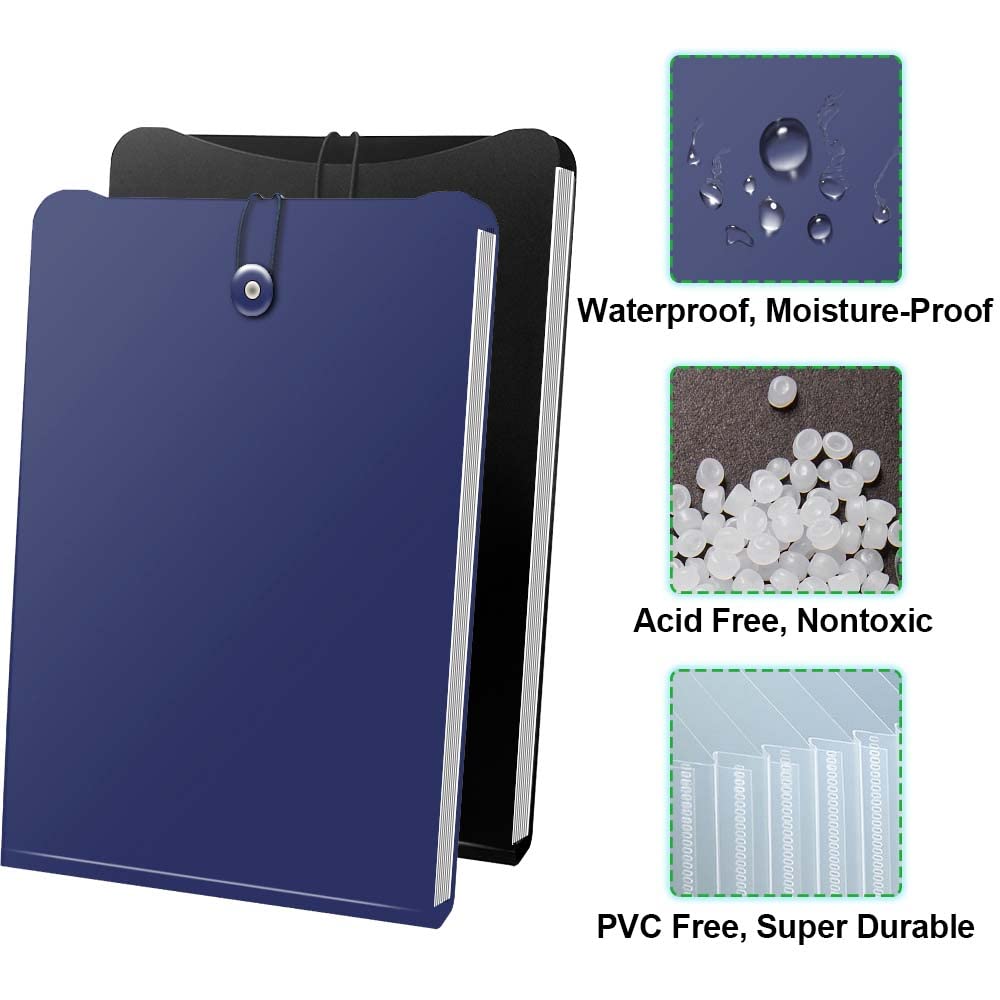 Credibility Accordion File Folder Organizer, 2 Packs Vertical Expanding According Plastic File Folder Bag with 7 Pocket and Labels for A4 Letter Size Paper Document, Bungee Closure, 13.78” x 9.84''