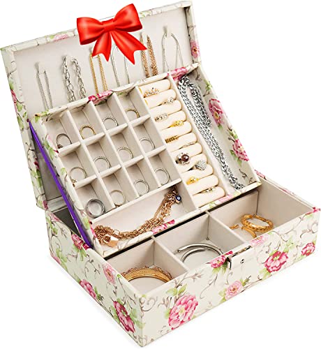 Jewelry Organizer Box - Women Two Layer Display Storage Case Large PU Leather Jewelry Holder with Lock for Earring Ring Necklace Bracelet, Beige White (Floral White)