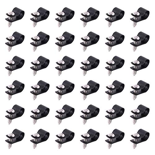 Swpeet 60 Pack Black 5/16 Inch Nylon Plastic R-Type Cable Clips Clamp Kit, Nylon Screw Mounting Cord Fastener Clips with 60 Pack Screws for Wire Management (5/16 Inch, Black)