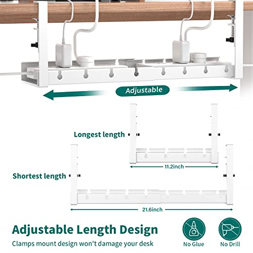 Under Desk Cable Management Tray,Retractable Cord Organizer for Desk,No Drill Cable Management for Glass Desk,Sturdy Metal Cable Management Under Desk with Clamp for Home Office