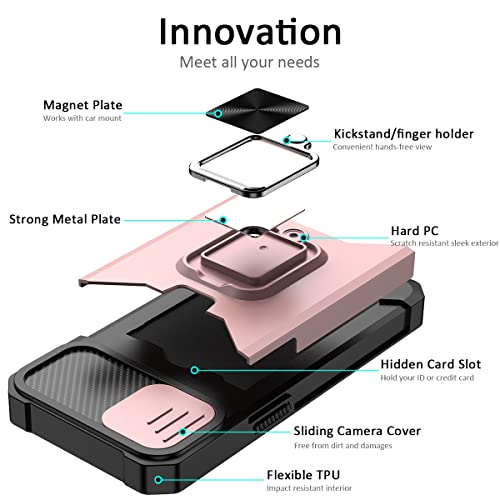 Nvollnoe iPhone 13 Case with Sliding Camera Cover, Card Holder, Heavy Duty Protective, Magnetic Kickstand - (Rose Gold)