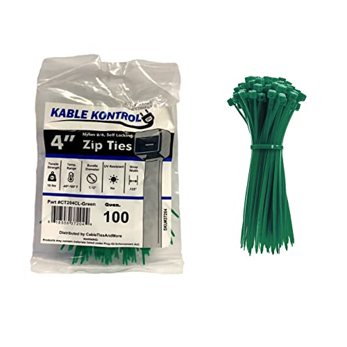 Kable Kontrol Green Zip Ties 4 Inch 100 Pcs, 18 Lbs Tensile Strength, Self-locking Nylon Colored Cable Ties Wire Wraps for Indoor or Outdoor Use