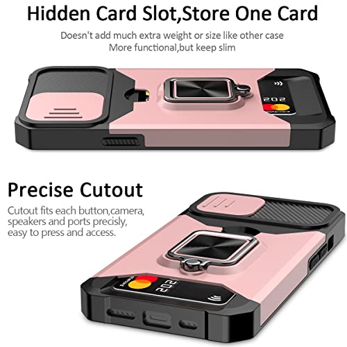 Nvollnoe iPhone 13 Case with Sliding Camera Cover, Card Holder, Heavy Duty Protective, Magnetic Kickstand - (Rose Gold)