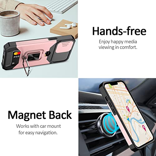 Nvollnoe iPhone 13 Case with Sliding Camera Cover, Card Holder, Heavy Duty Protective, Magnetic Kickstand - (Rose Gold)
