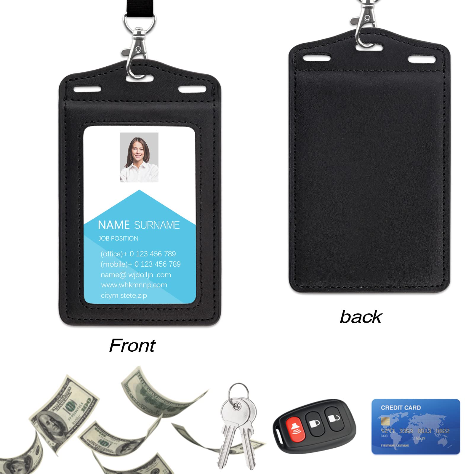 Badge Holder Trifold,PU Leather ID Card Holder with Clear ID Window and Detachable Badge Lanyard for Business,Worker,Student,Black