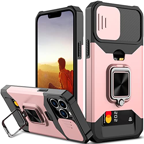 Nvollnoe iPhone 13 Case with Sliding Camera Cover, Card Holder, Heavy Duty Protective, Magnetic Kickstand - (Rose Gold)