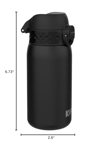 Ion8 Kids Water Bottle, Steel 400 ml/13 oz, Leak Proof, Easy to Open, Secure Lock, Dishwasher Safe, Hygienic Flip Cover, Carry Handle, Easy Clean, Durable, Scratch Resistant, Carbon Neutral, Black