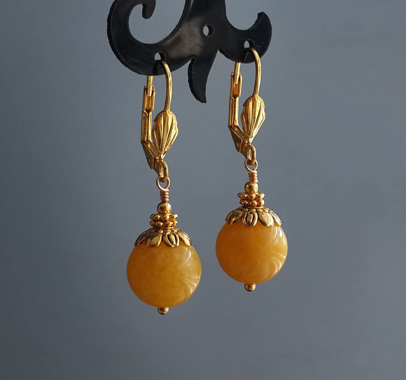 Yellow Agate Earrings Round Dangles Jewelry for Women Gold Plated Lever Backs in Gift Box